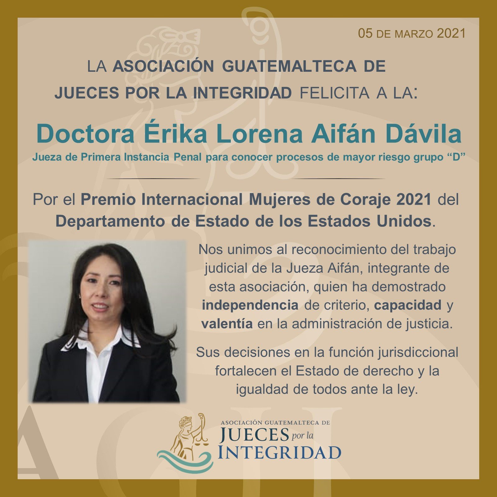 La AGJI felicita a la Jueza Érika Aifán por el Premio Internacional ...
